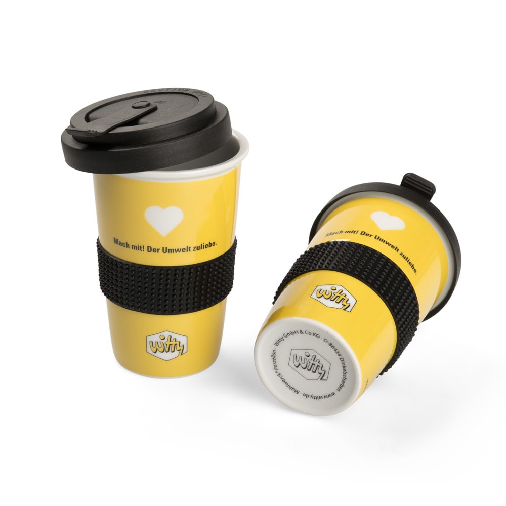Klimaneutraler Coffee to go Becher aus Porzellan mit Allover Werbedruck